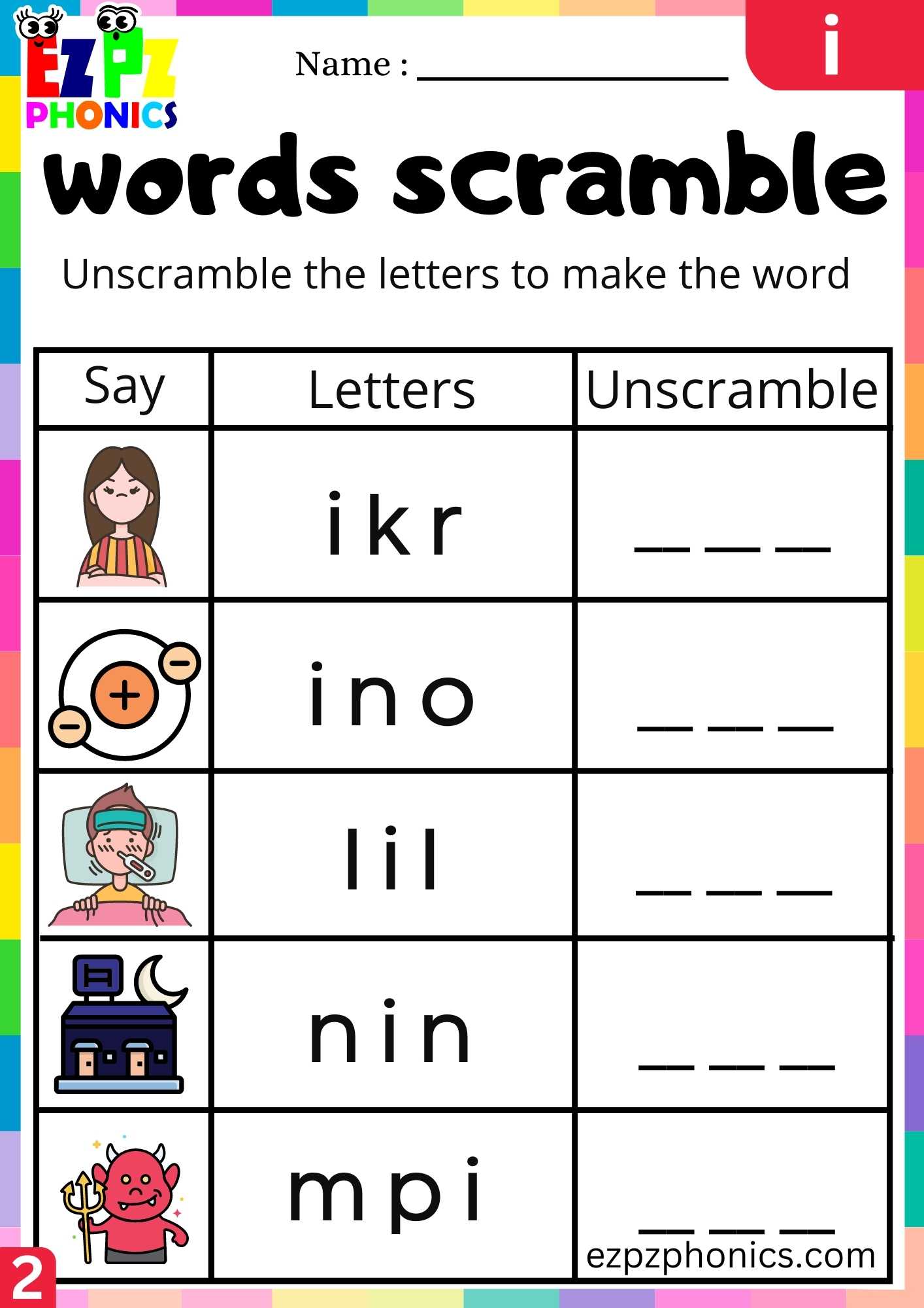 Group2 Letter I Words Scramble Beginning Sounds Worksheet - ezpzphonics.com